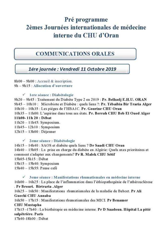 2ème Journées Internationales De Médecine Interne Du Chu Oran- Les 11. ...